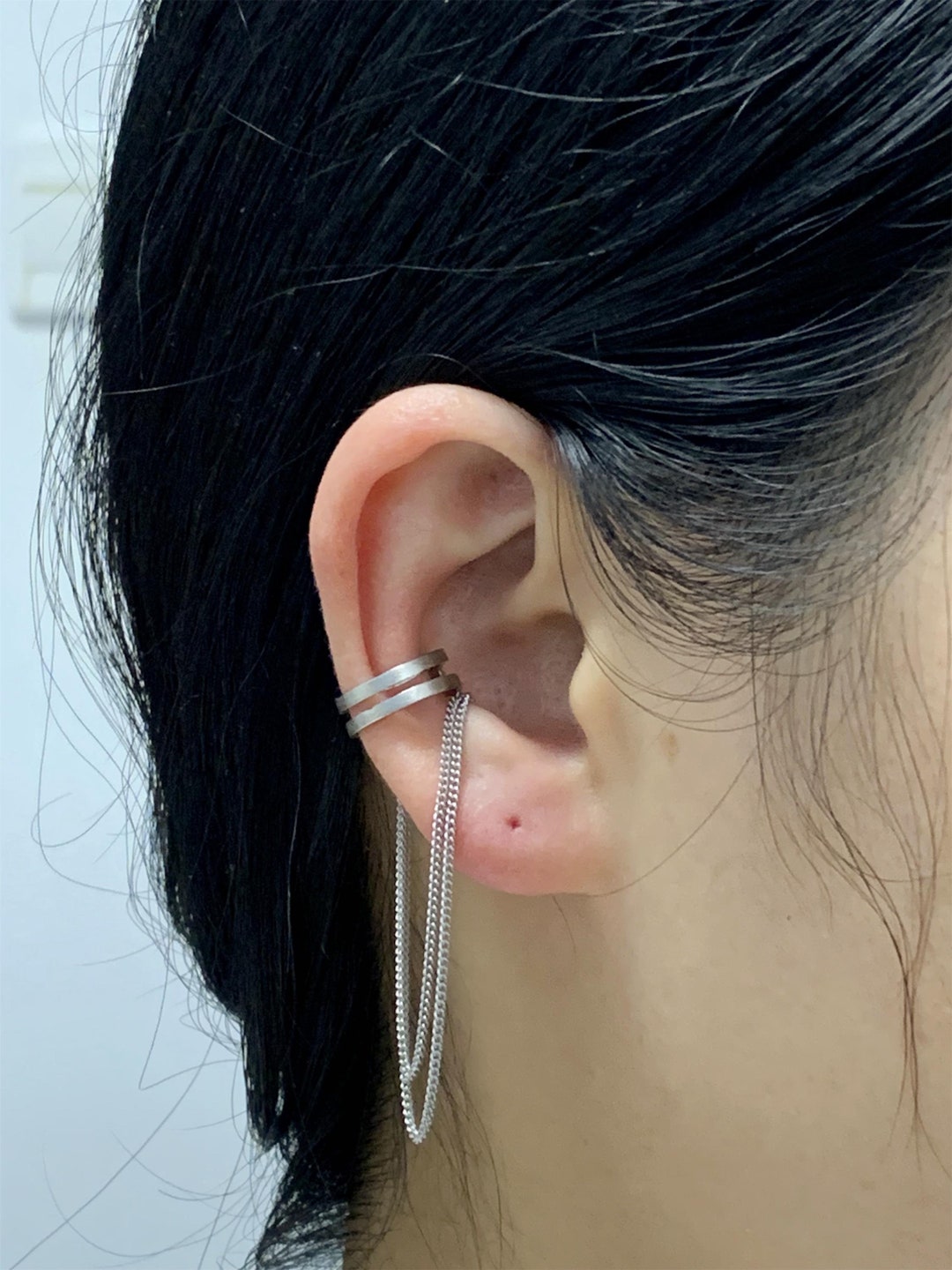 Double Band Ear Cuff With Dangle Chain ,925 Sterling Silver Conch Cuffs ...
