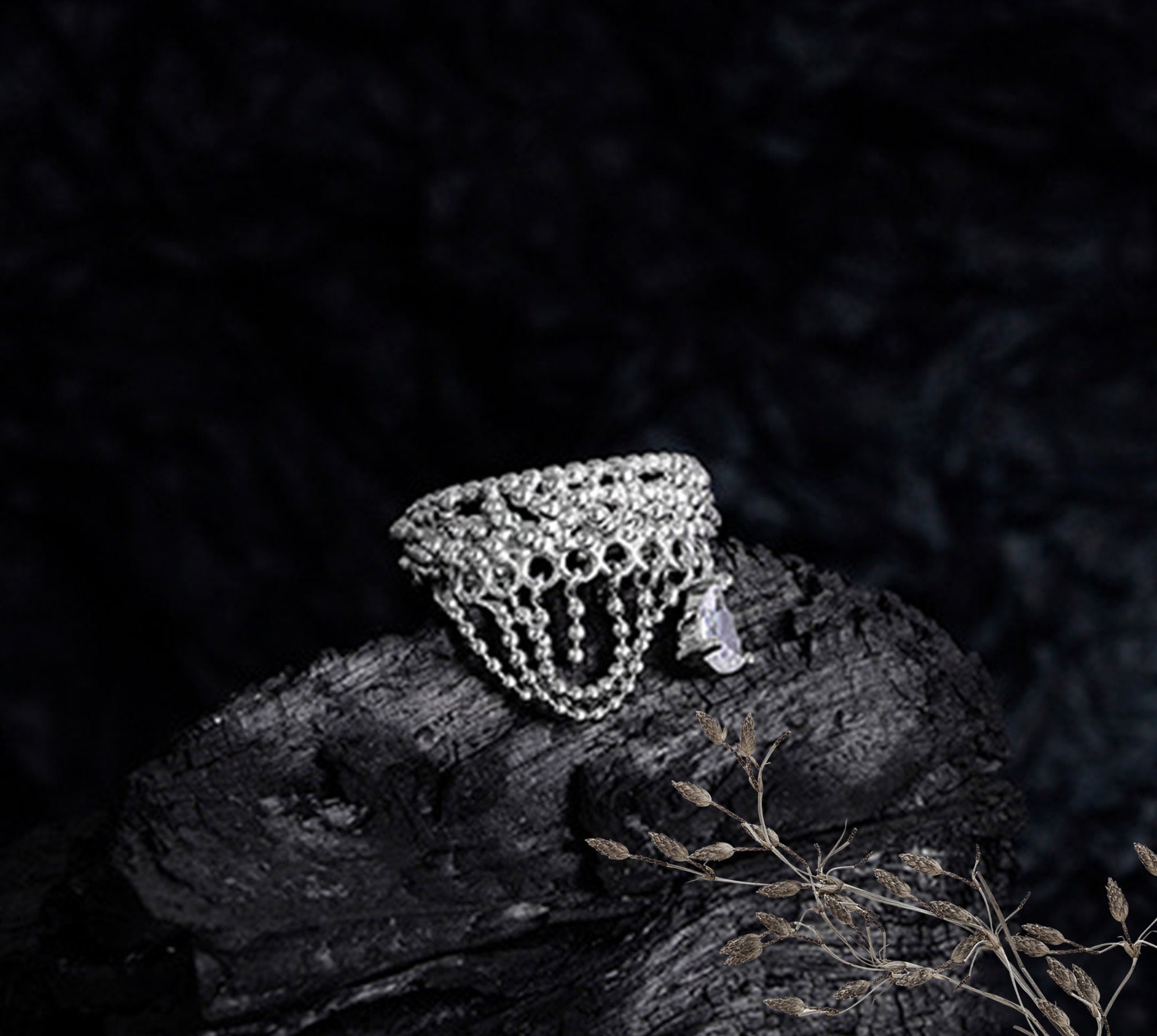 Sterling Silver Tassel Ring, Ball Chain Dangle Ring, 925 Chunky Silver ...