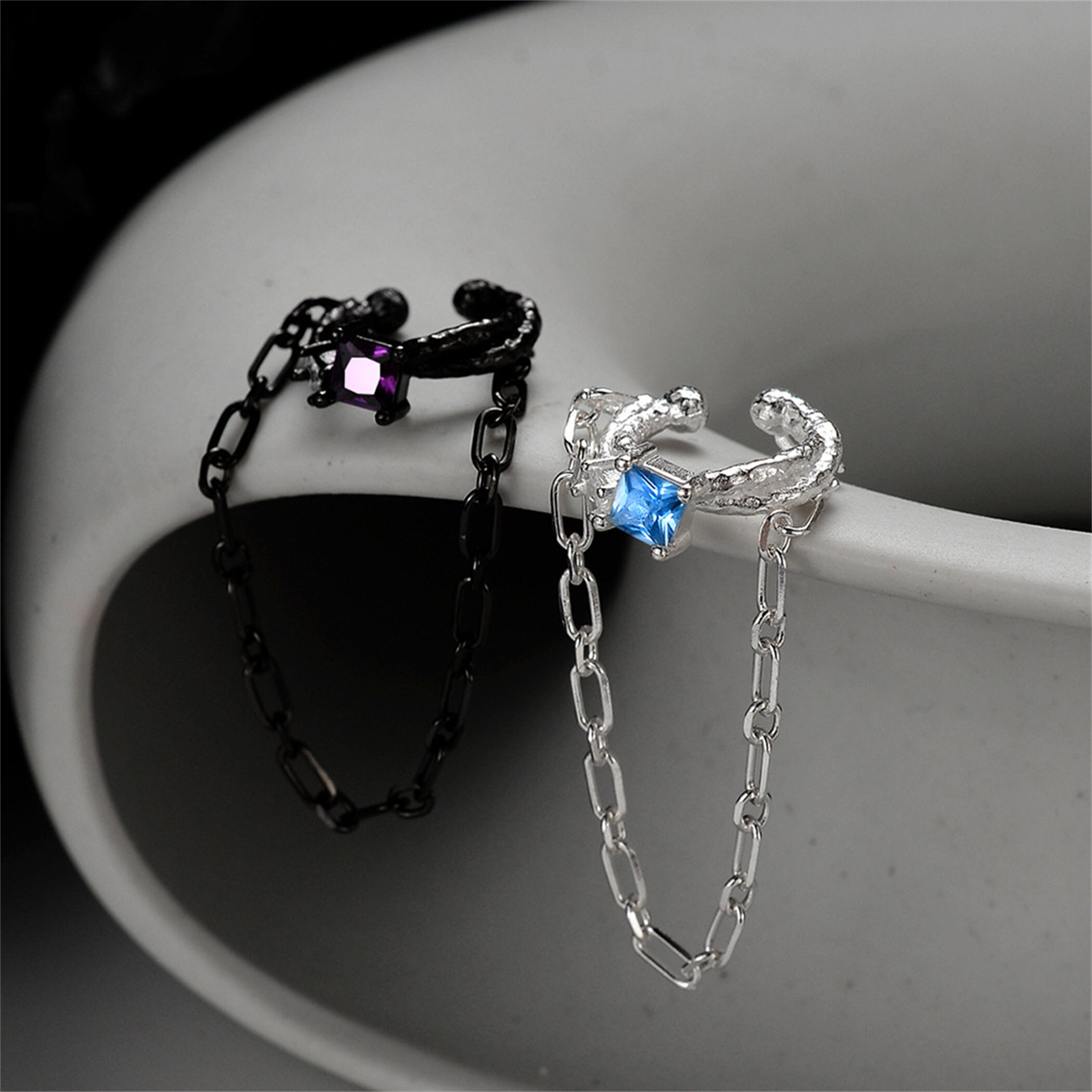 Chain Ear Cuff , Black Ear Cuffs,925 Silver Ear Cuff,blue & Purple CZ ...