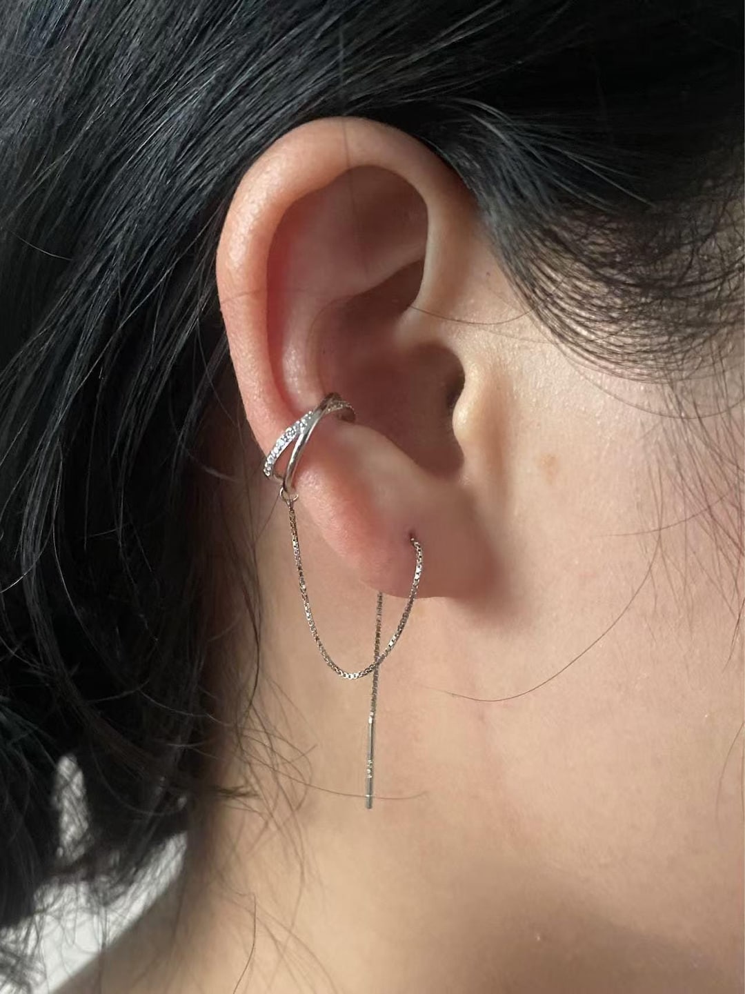 925 Silver Threader Earring With Ear Cuff ,gold Dangle Ear Cuffs, Chain ...