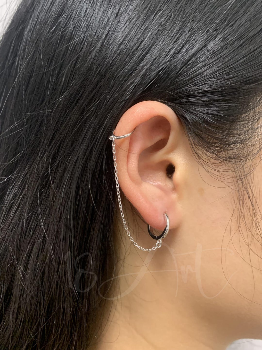 Bouble Hoop Earring With Chain,no Piercing Ear Cuff, Connected Earrings ...