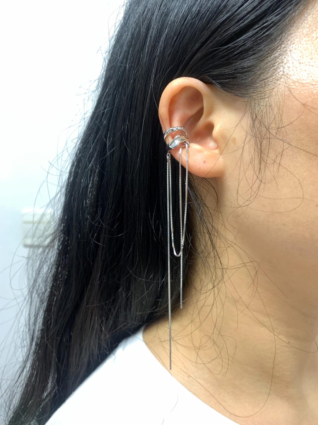Dangle Chain Ear Cuff No Piercing,double Band Ear Cuff With 925 ...