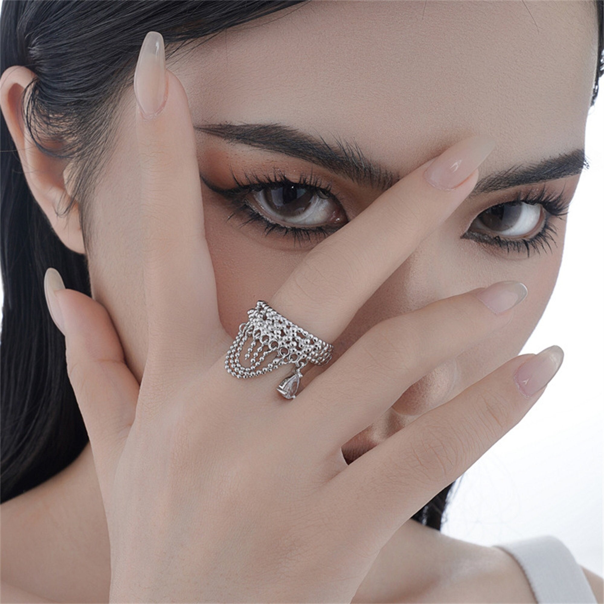 Sterling Silver Tassel Ring, Ball Chain Dangle Ring, 925 Chunky Silver ...