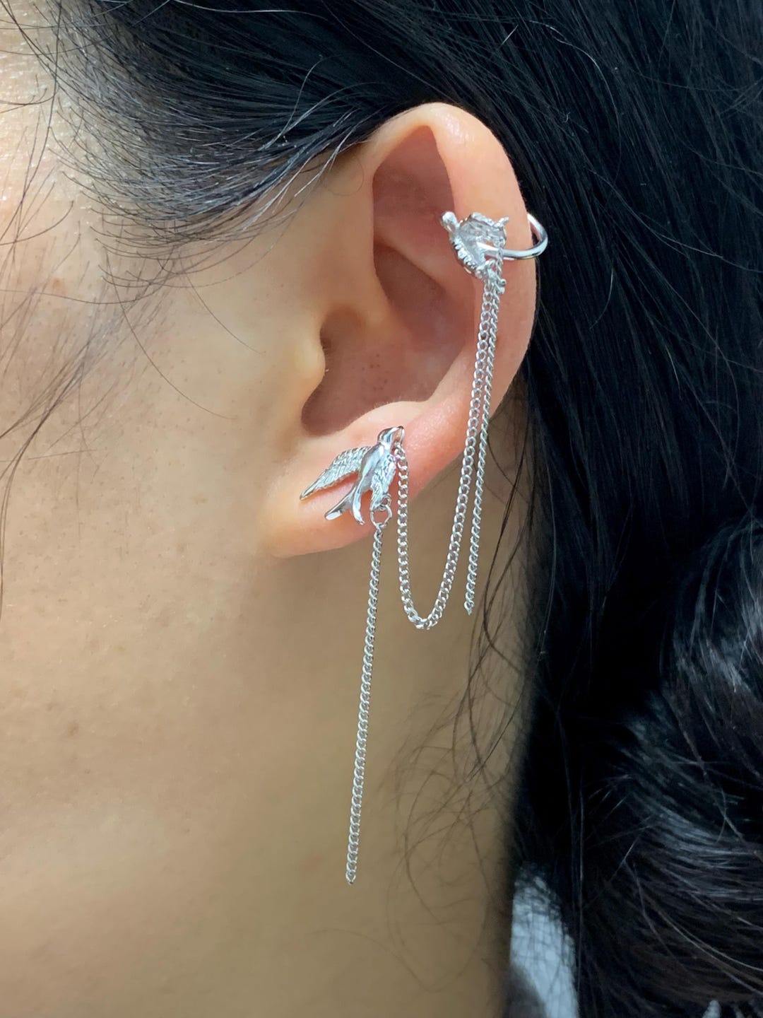 Swallow Ear Cuff Chain Earring With Stud,cartilage Ear Cuff,bird Earrings for Women,sterling ...