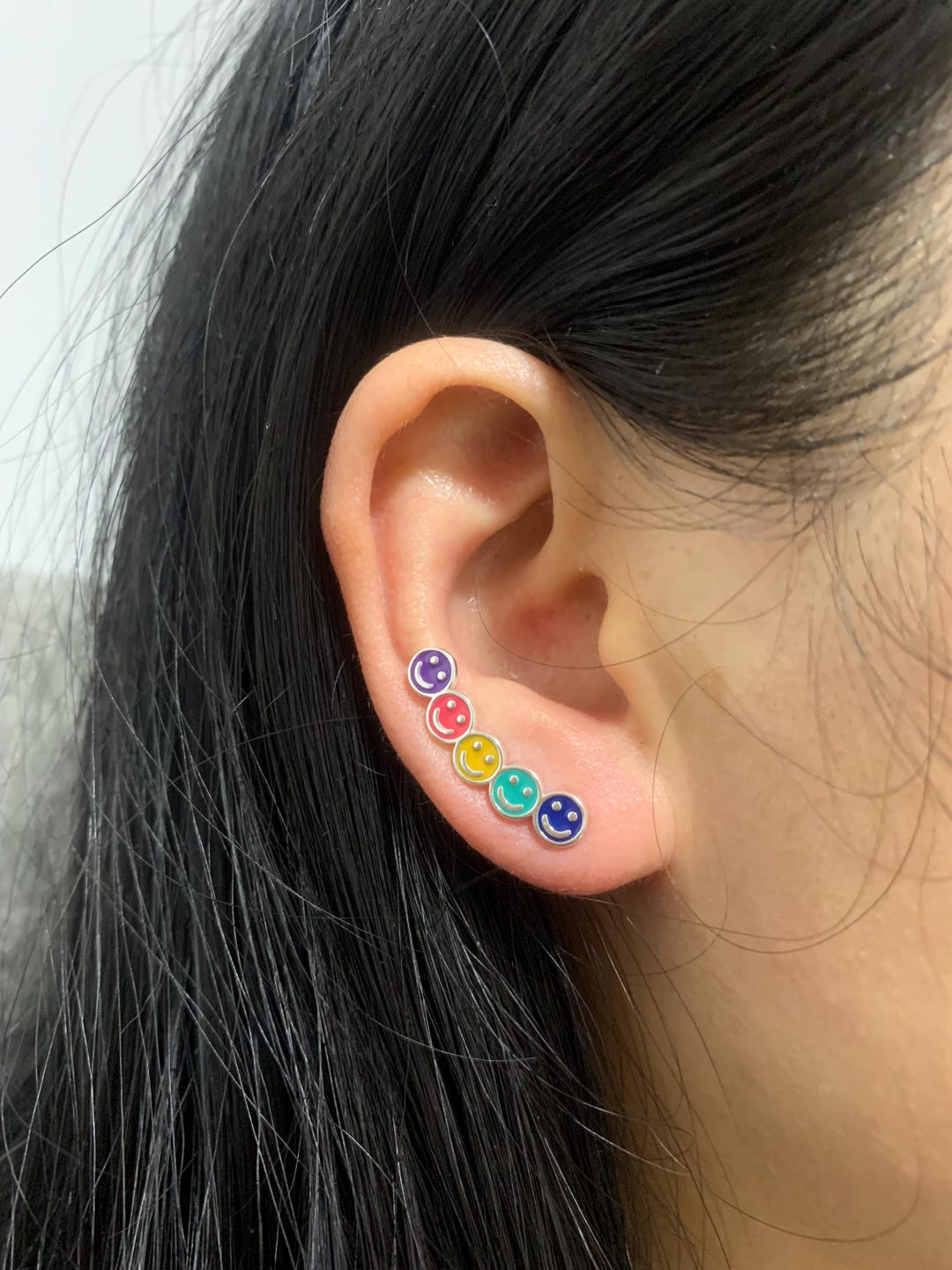 Multicolor Smiley Face Crawler Earrings:925 Sterling Silver Ear Sweep ...