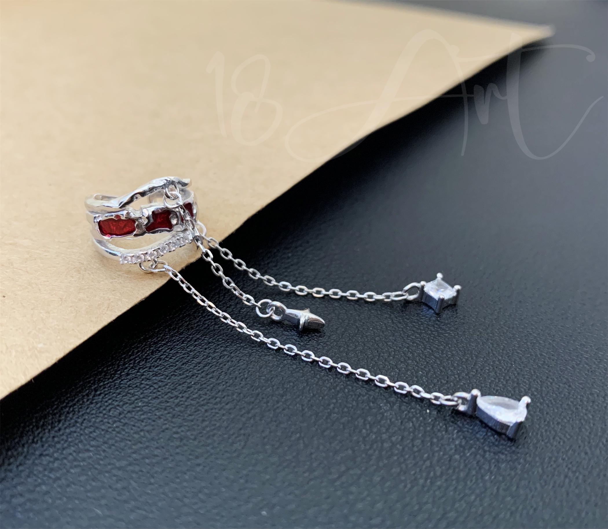 Sterling Silver Dangle Ear Cuff With Long Chain ,red Enamel Ear Cuff No ...