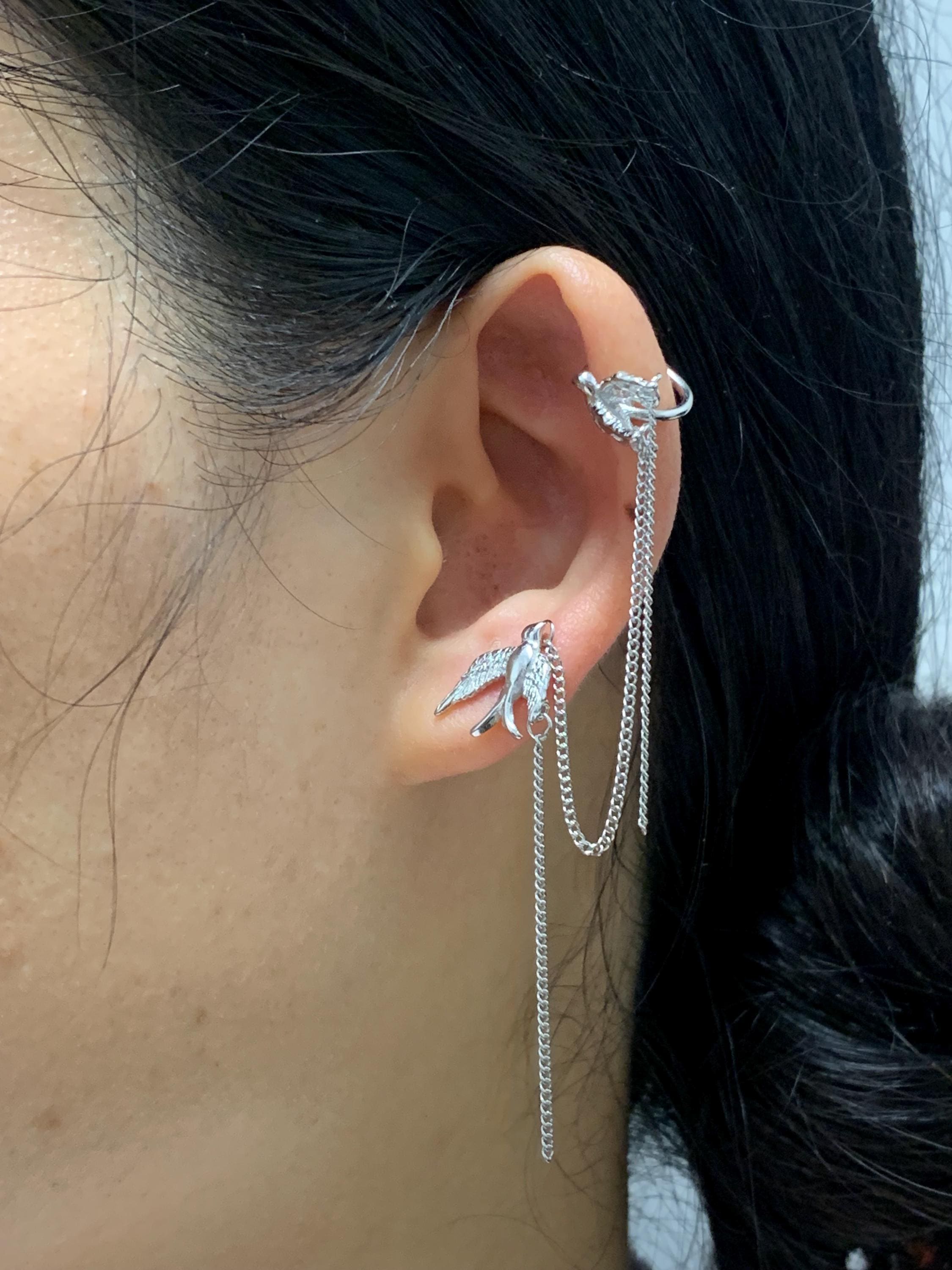 Swallow Ear Cuff Chain Earring With Stud,cartilage Ear Cuff,bird ...