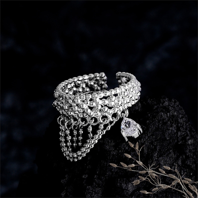 Sterling Silver Tassel Ring, Ball Chain Dangle Ring, 925 Chunky Silver ...