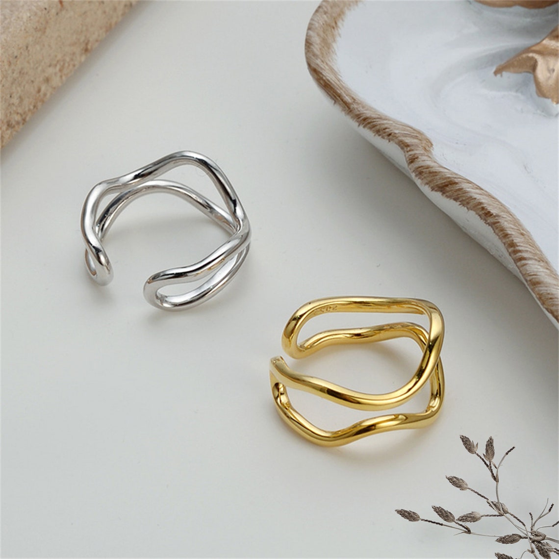Sterling Silve Wavy Ring double Band Ringtwo Layer Open Ring - Etsy