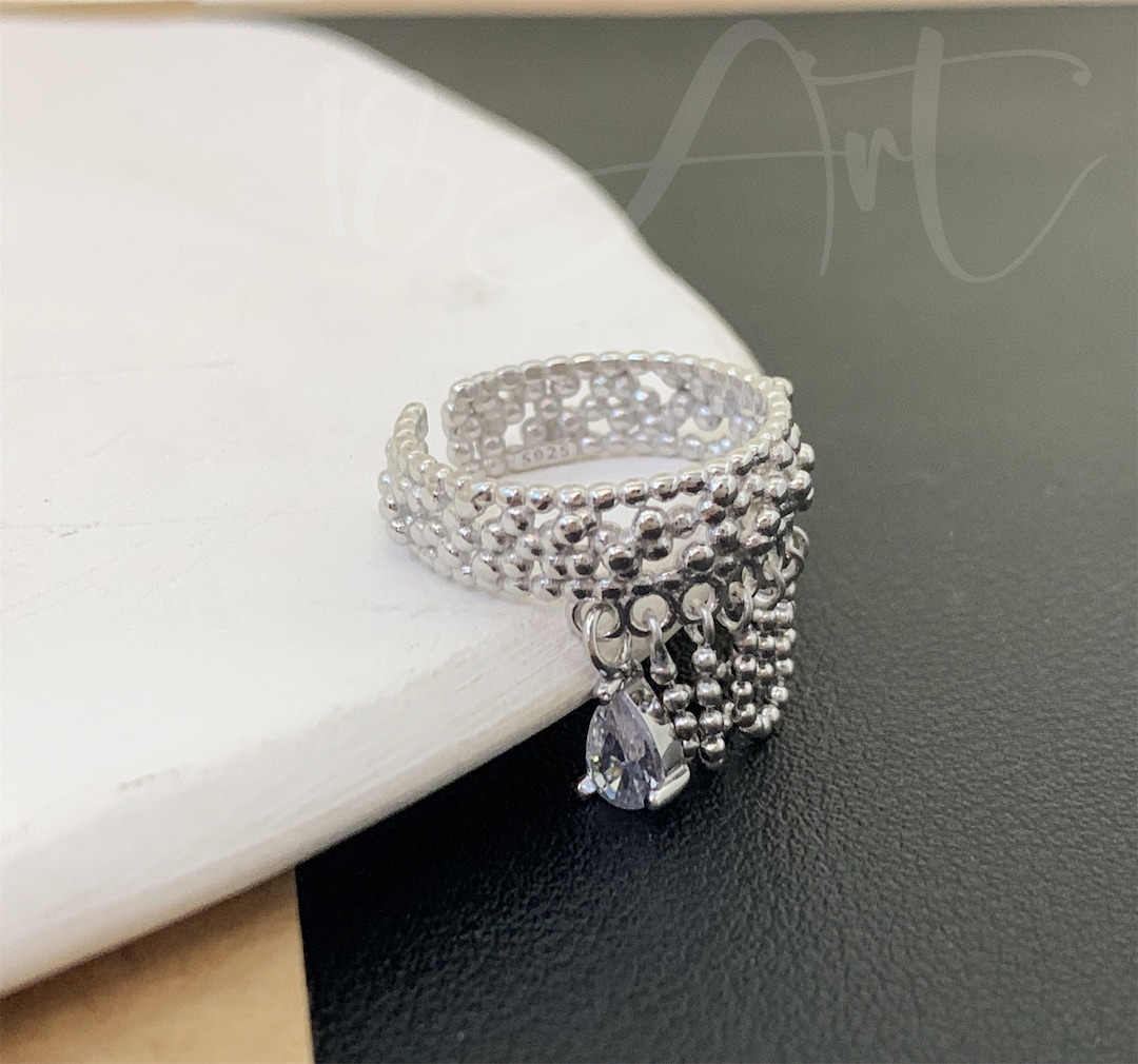 Sterling Silver Tassel Ring, Ball Chain Dangle Ring, 925 Chunky Silver ...