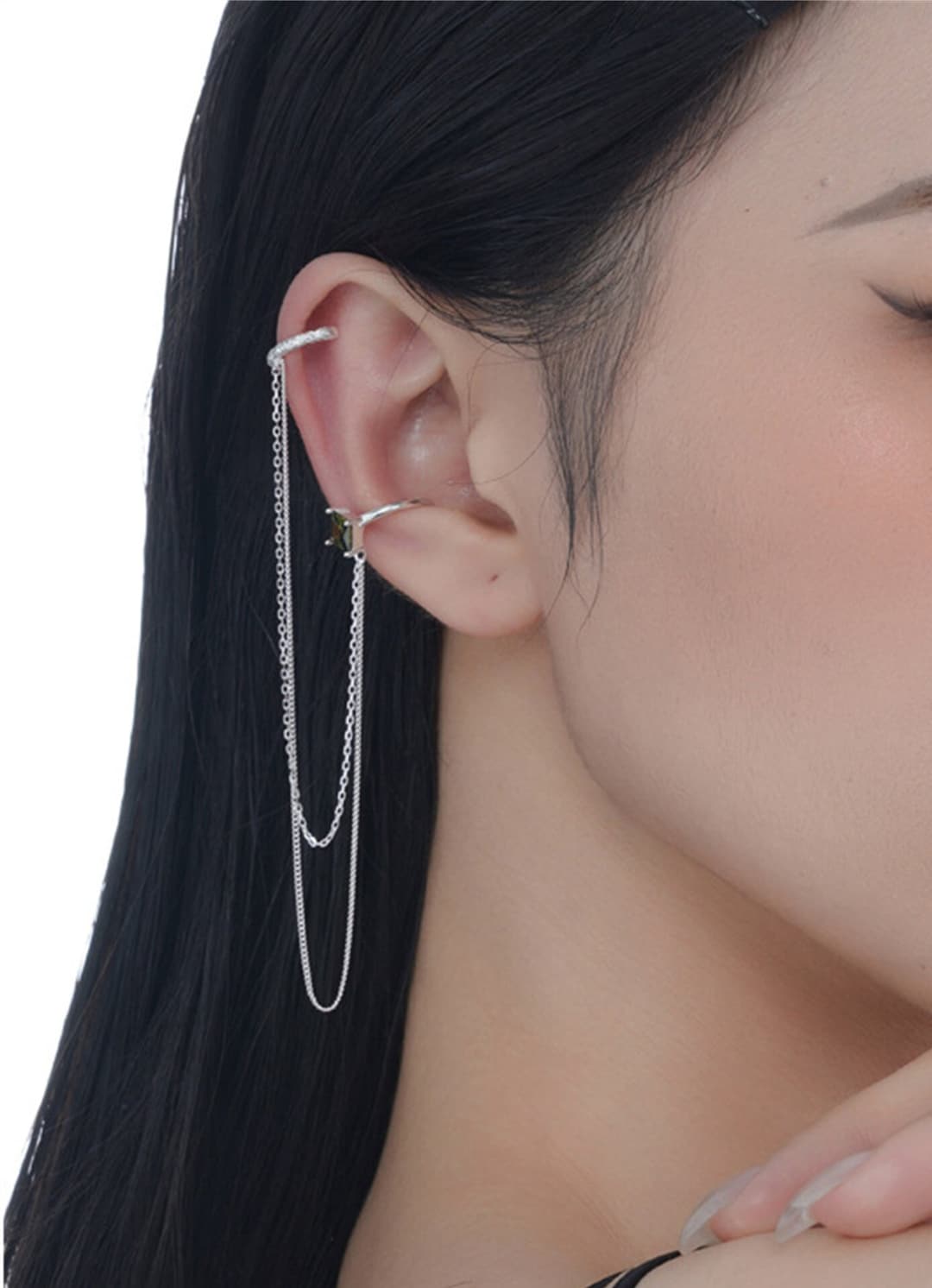 Double Hoops Long Chain Earrings, Fake Piercing Ear Cuff,sterling ...