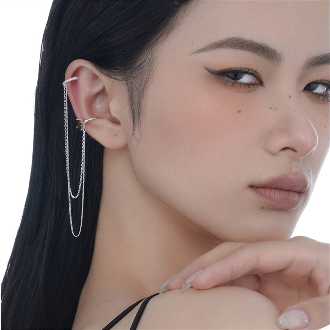 Double Hoops Long Chain Earrings Fake Piercing Ear Cuff Sterling