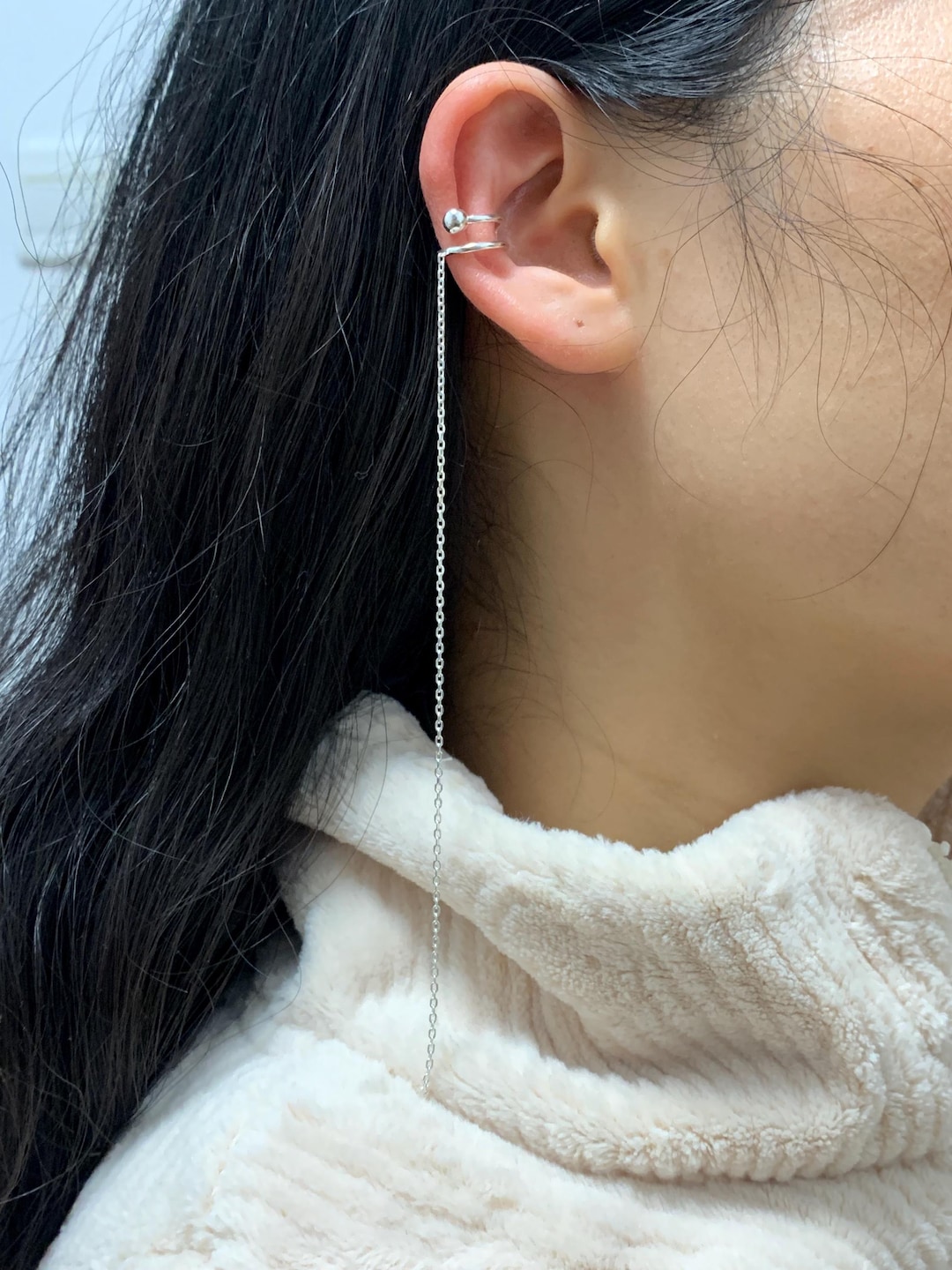 Sterling Silver Dangle Ear Cuff With Long Chain ,two Band Ear Cuff No ...