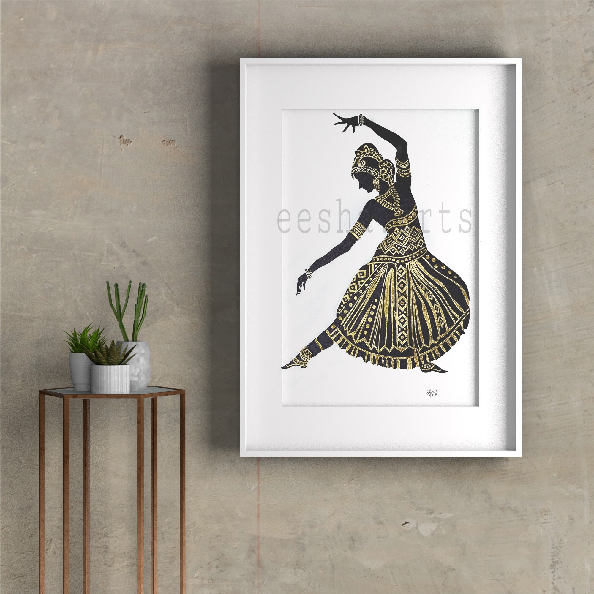 Classical Dancer Painting With Golden and Black Ink on Paper, Indian ...
