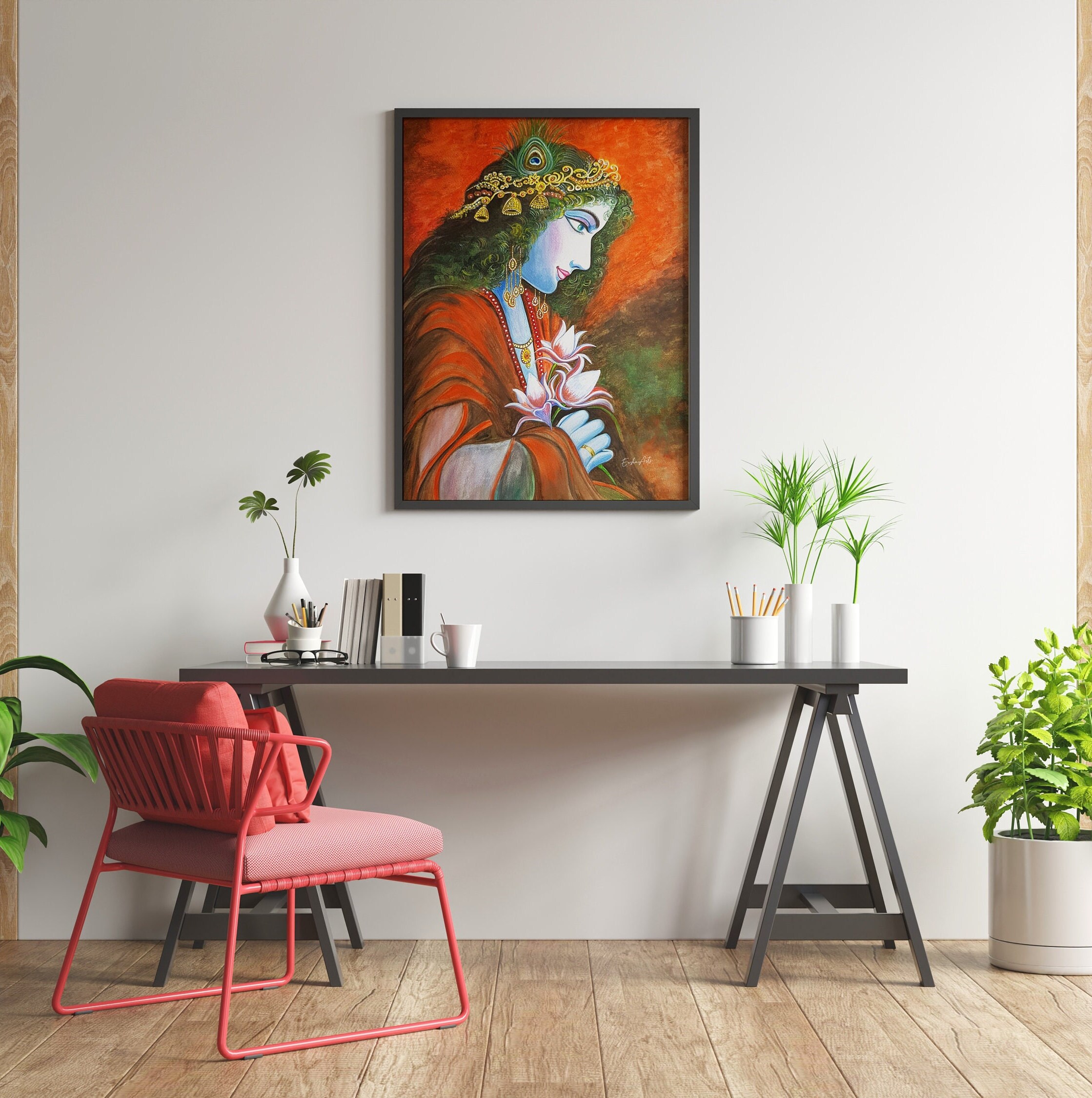 Lord Krishna Wall Art, Watercolor Painting, Hindu God Print, Digital ...