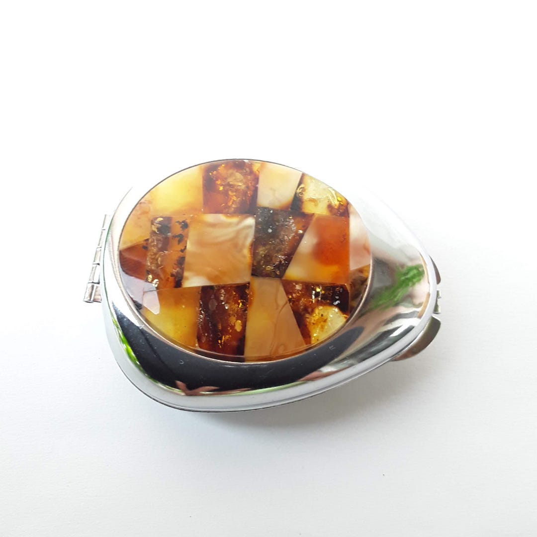 Travel Pill Box, Metal Tablet Box Decorated With Baltic Amber, Compact ...
