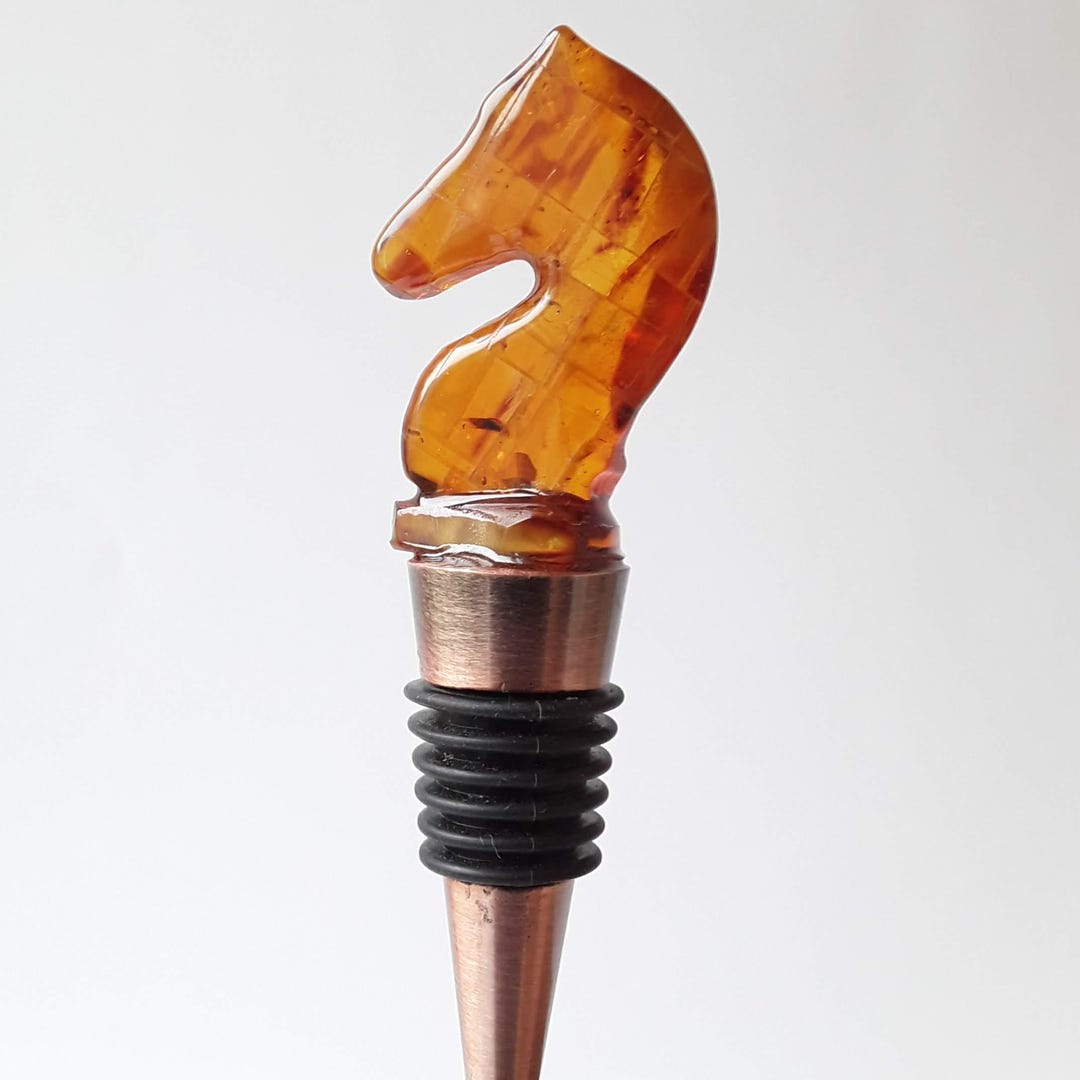 Knight Chess Piece Wine Bottle Stopper, Metal and Baltic Amber Gem ...