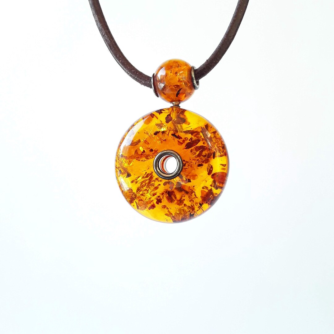 Amber Circle Pendant, Yellow Baltic Amber Stone Round Pendant, Gemstone ...