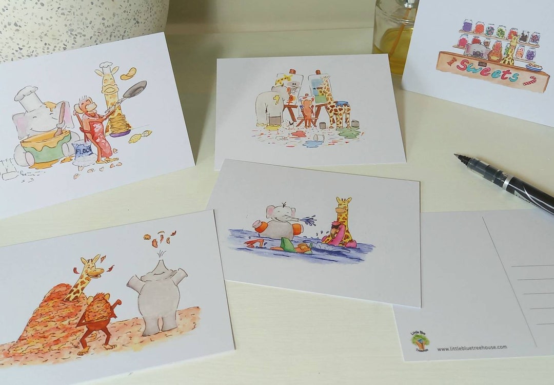 Safari Animal Postcards, Pack of 10 Hand Painted Postcards, Little Blue ...