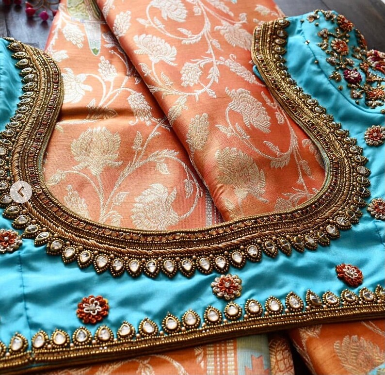 Light Blue Maggam Blouse With Different Shades of Antique - Etsy