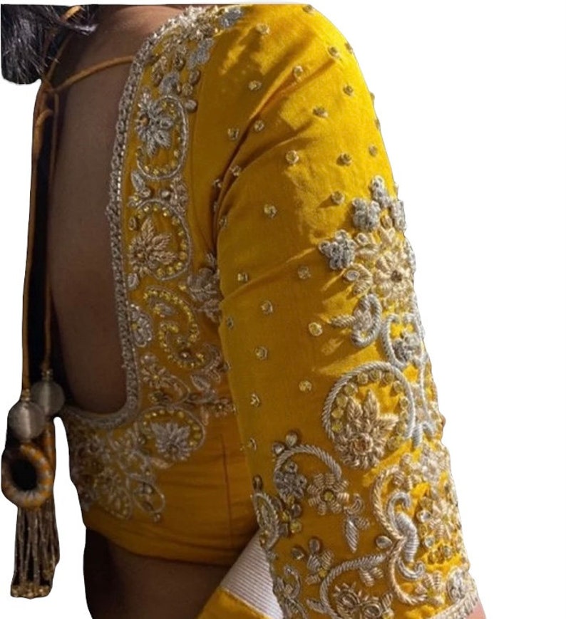 Yellow Pure Silk Blouse With Different Shades of Antique Zardozi,stones ...