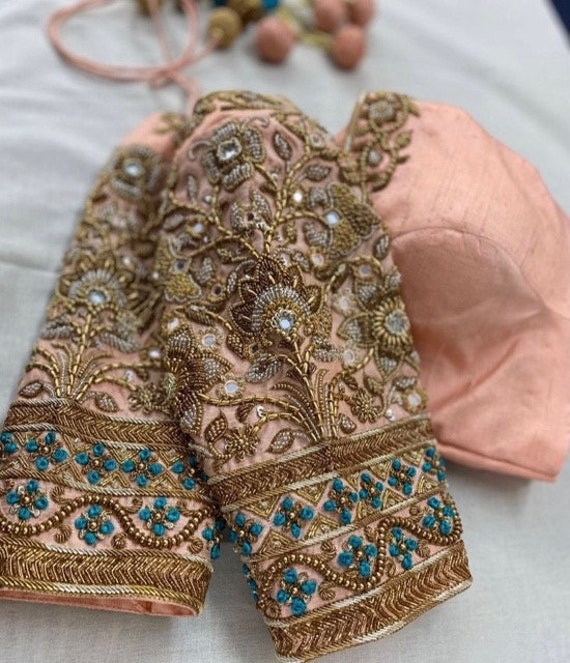 Light Peach Color Raw Silk Blouse With Darksilver Antique | Etsy
