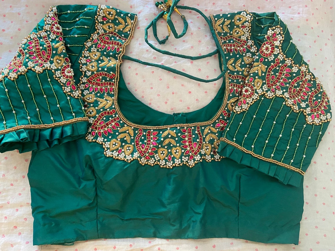 Buy Peacock Motifs Inspired Maggam Work Blouse With Zari, Kundan, Beads ...