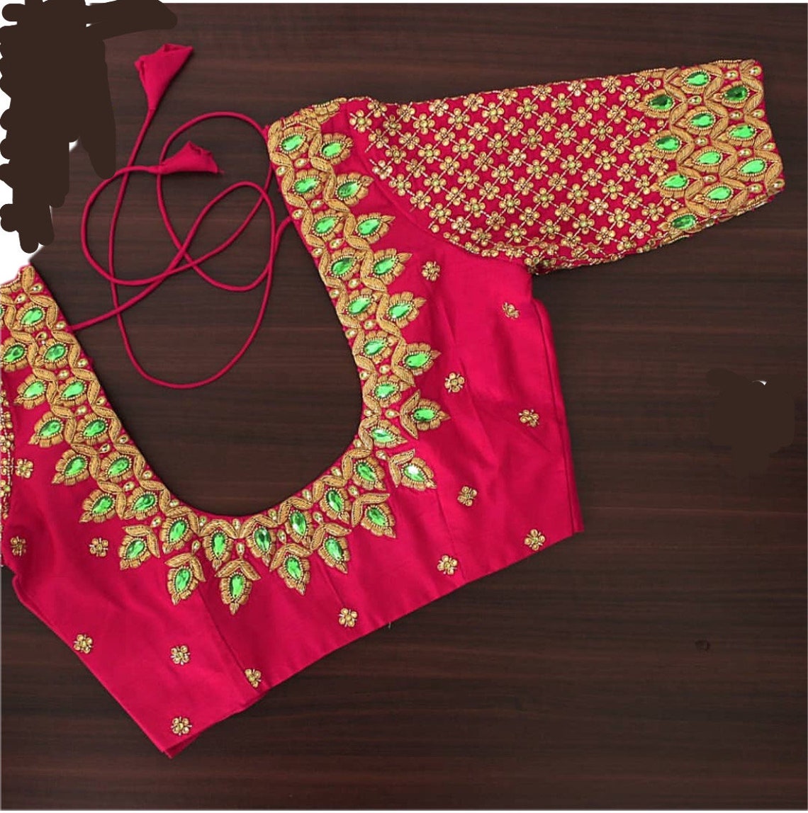 Red Blouse With Green Kundan Work - Etsy