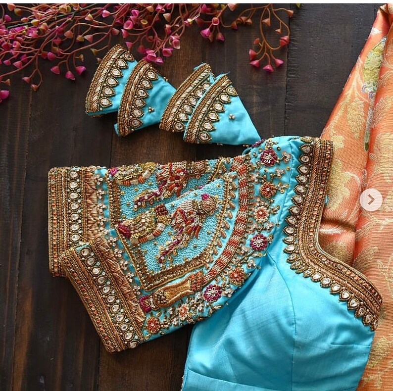 Light Blue Maggam Blouse With Different Shades of Antique - Etsy