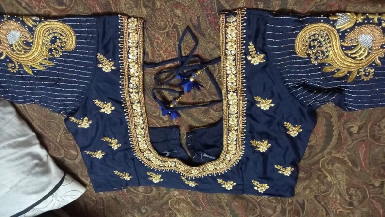 Gold color thread work Maggam work all over sleeves and neck | Etsy