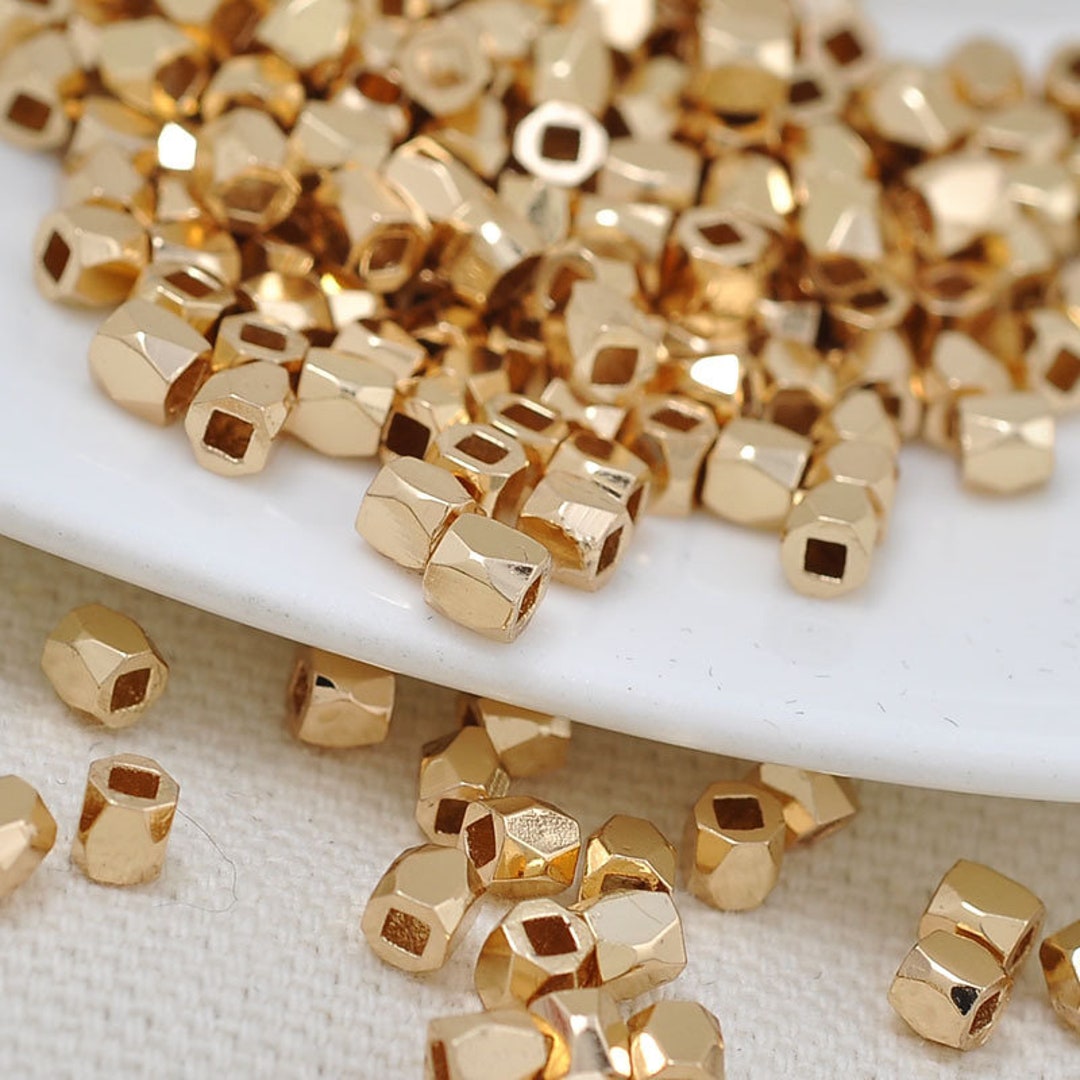 100pcs Real Gold Plated Square Spacer Beads, Round Connector Beads ...