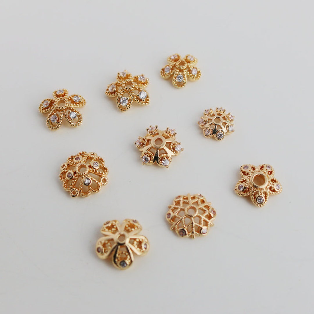 10 Pcs 14K Gold Plated Bead Caps, Snowflake Zircon Bead Cap, Bead Cap ...