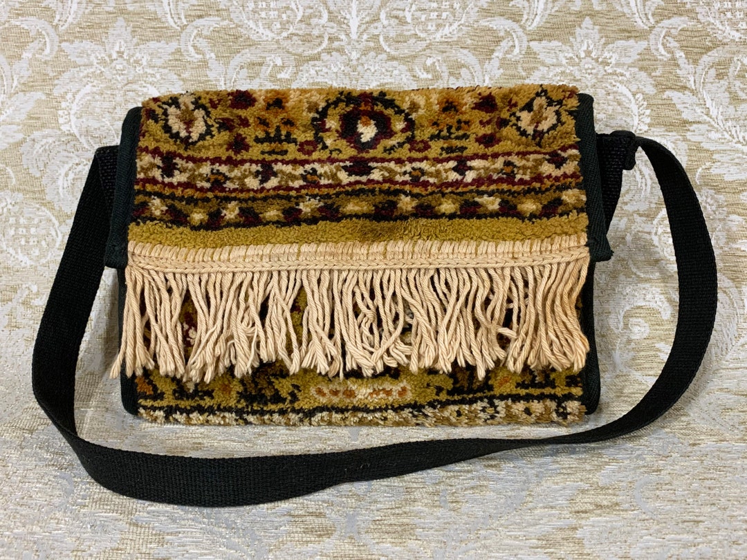 Carpet Shoulder Bag, Handmade of Tan Tapestry With a Black Fabric Strap ...