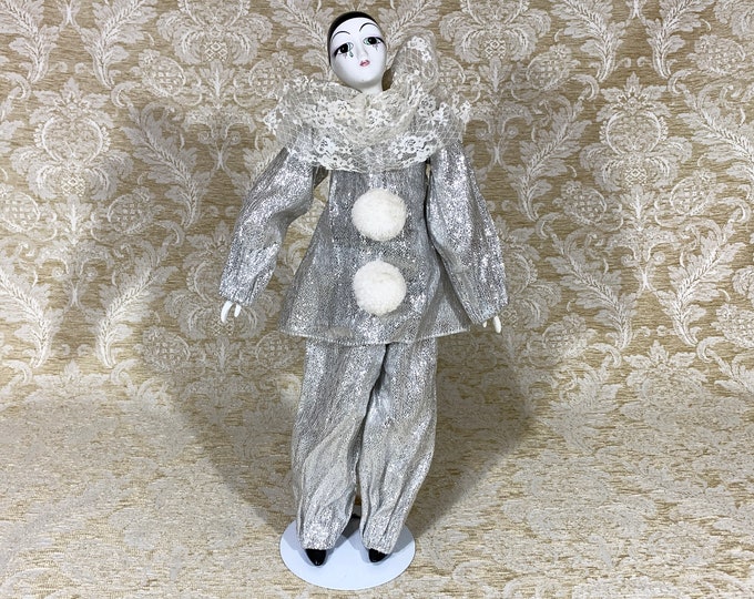 Vintage French Pierrot Clown in Silver With White Pom Poms - Etsy