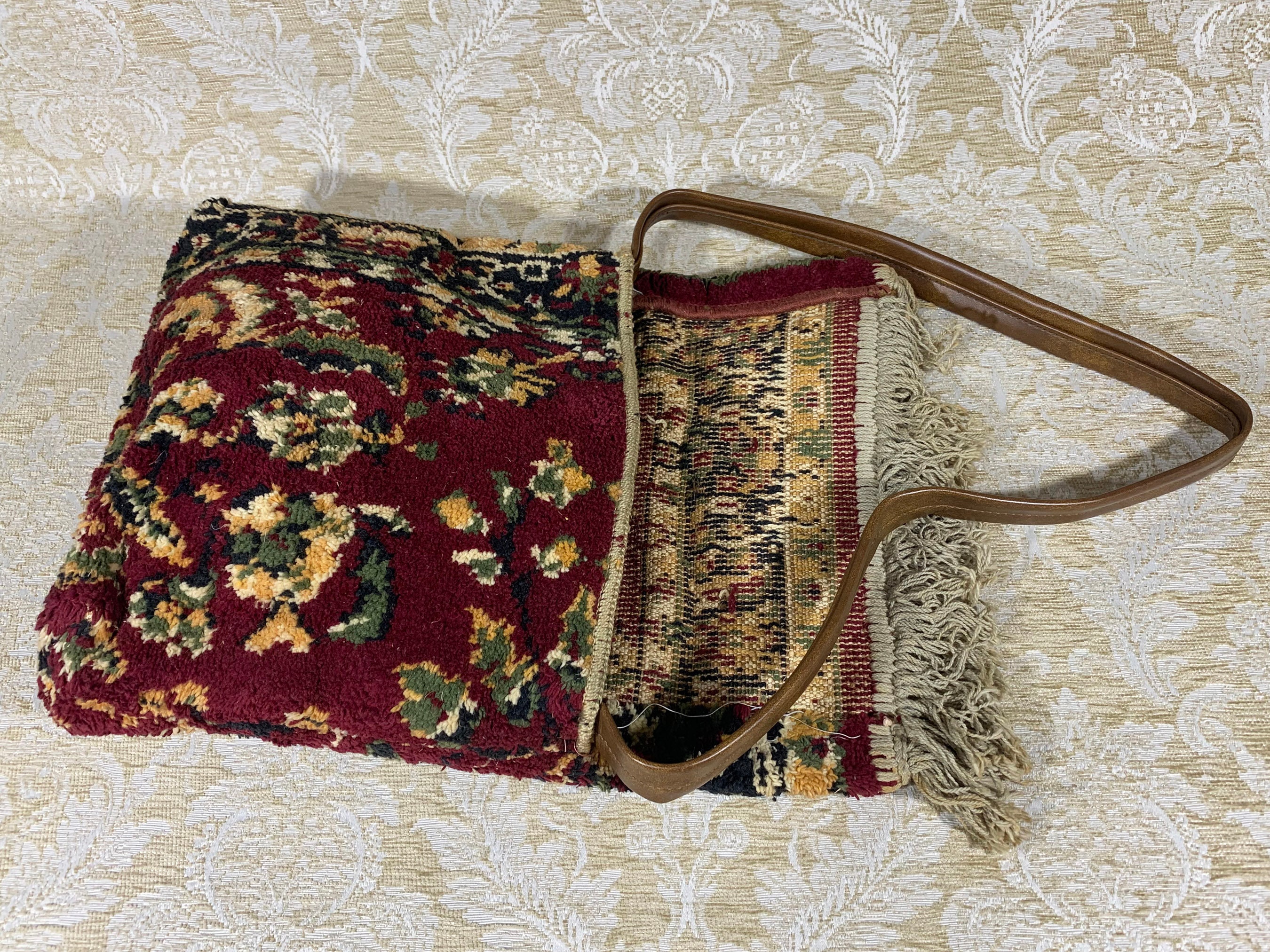 Carpet Shoulder Bag, Handmade of Red Tapestry With Fringe and Faux ...