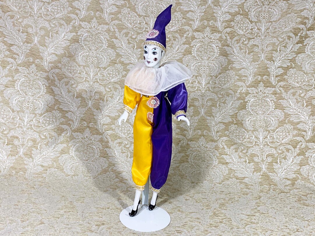 French Pierrot Clown Doll in Yellow and Purple - Etsy