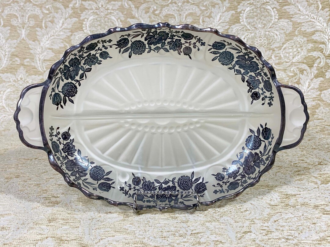 Vintage Frosted Glass Divided Serving Bowl With Sterling Silver Floral ...