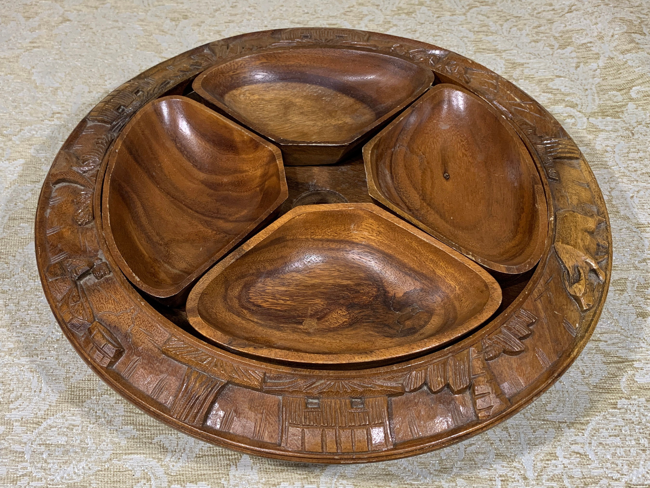Large Vintage Wooden Lazy Susan Featuring Hand Carved Village Scenes - Etsy