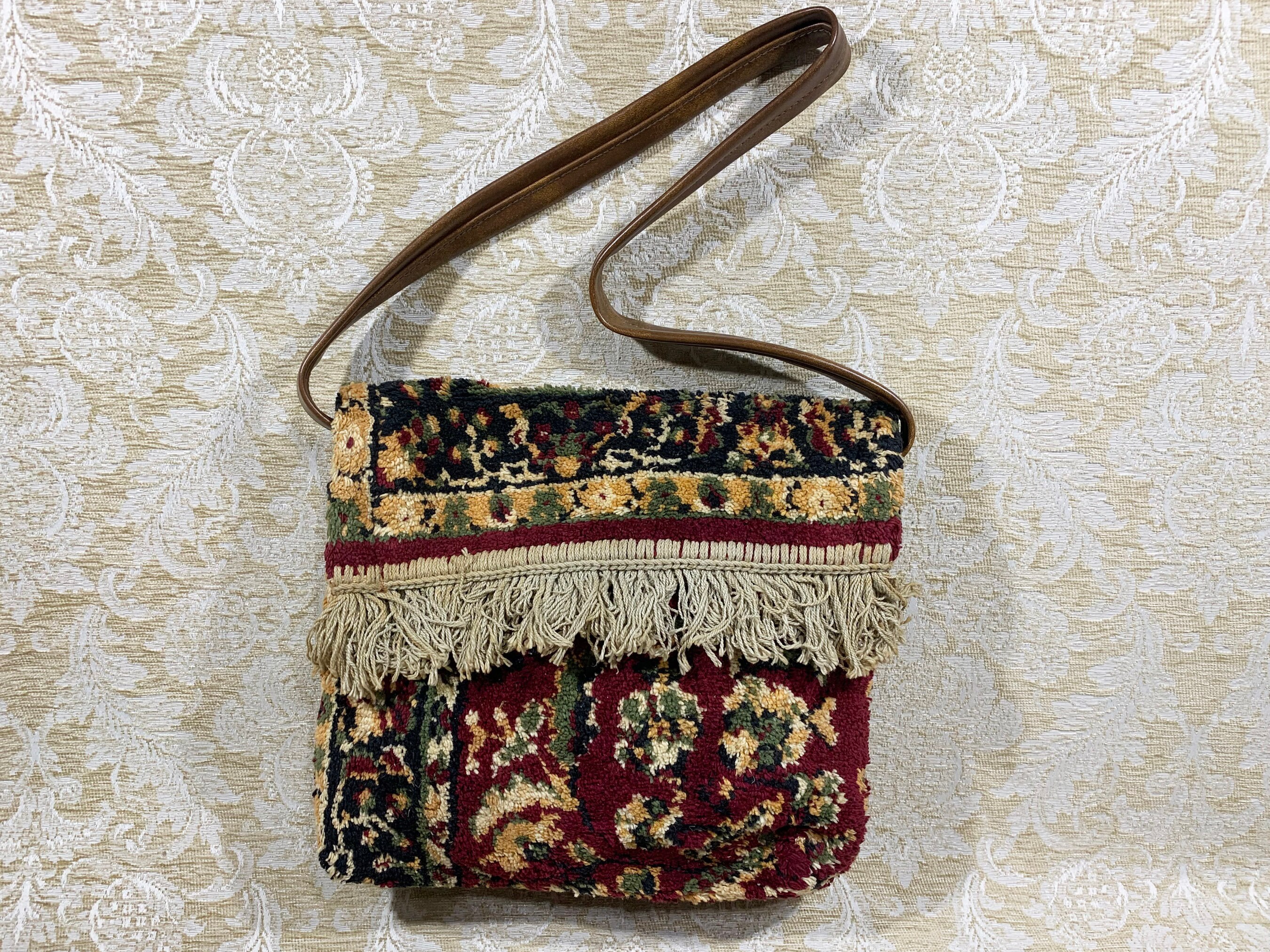 Carpet Shoulder Bag, Handmade of Red Tapestry With Fringe and Faux ...