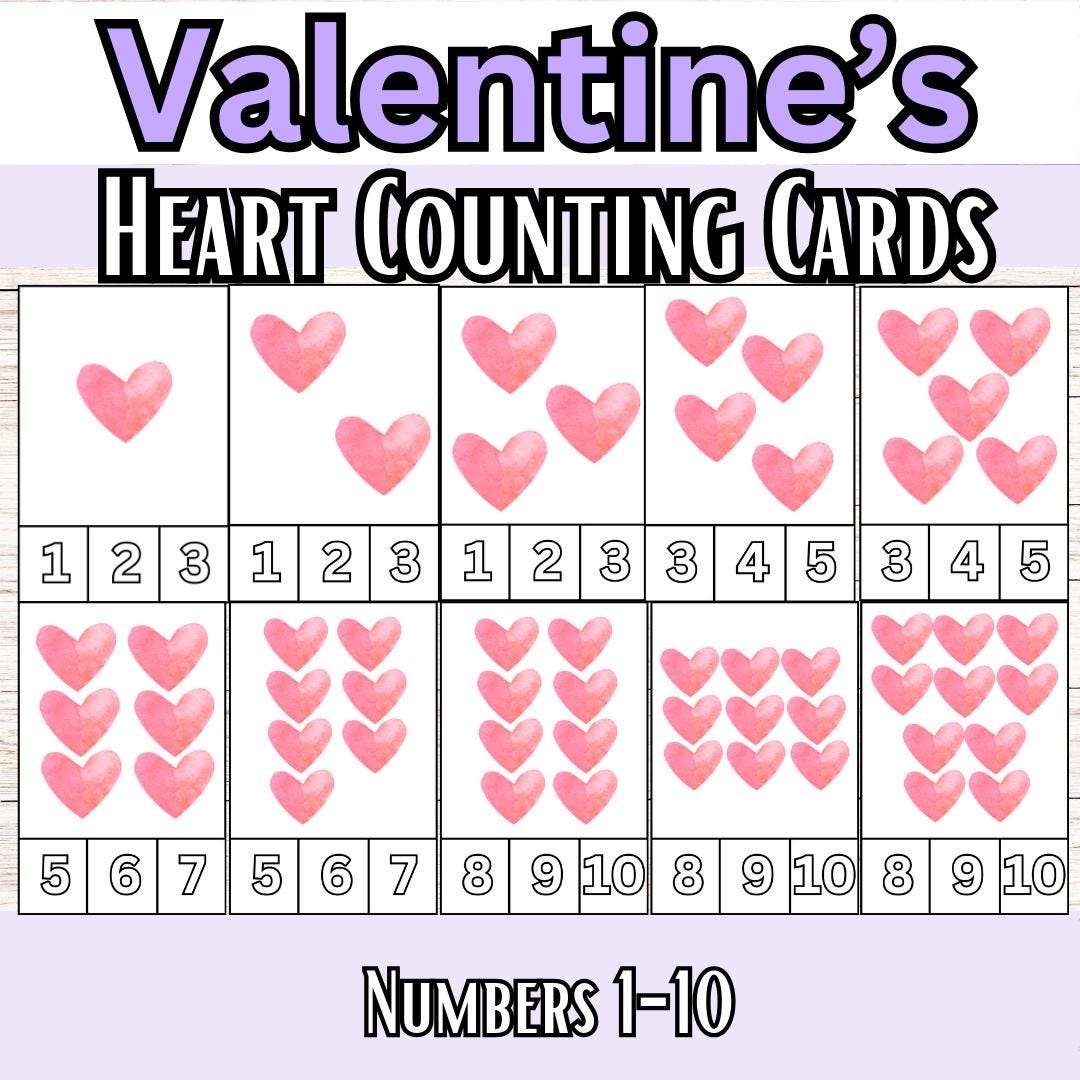 Valentine's Day Heart Counting Cards, Montessori Learning (digital ...