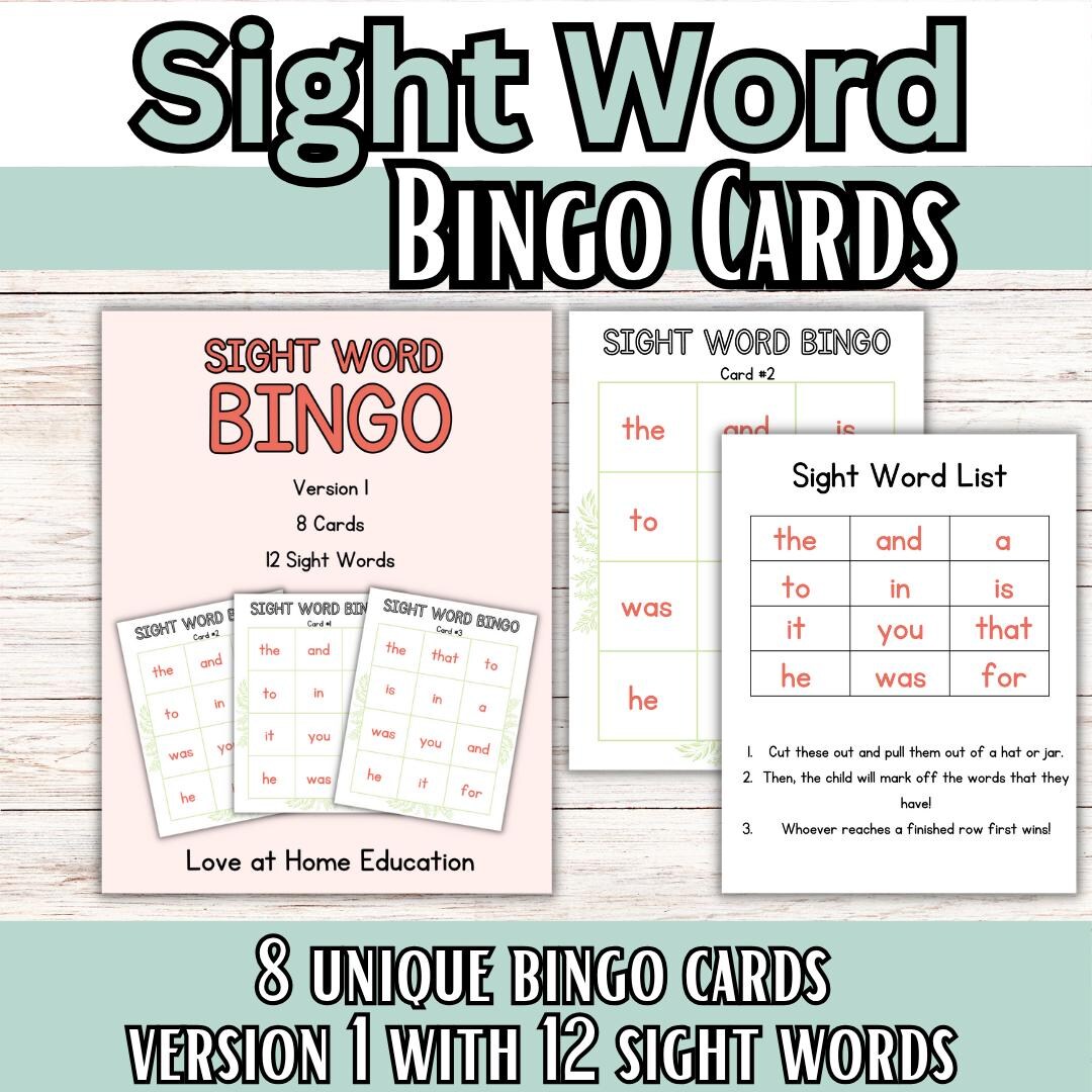 Sight Word Bingo 1 – 8 Bingo Cards for Prek and Beginning Readers ...