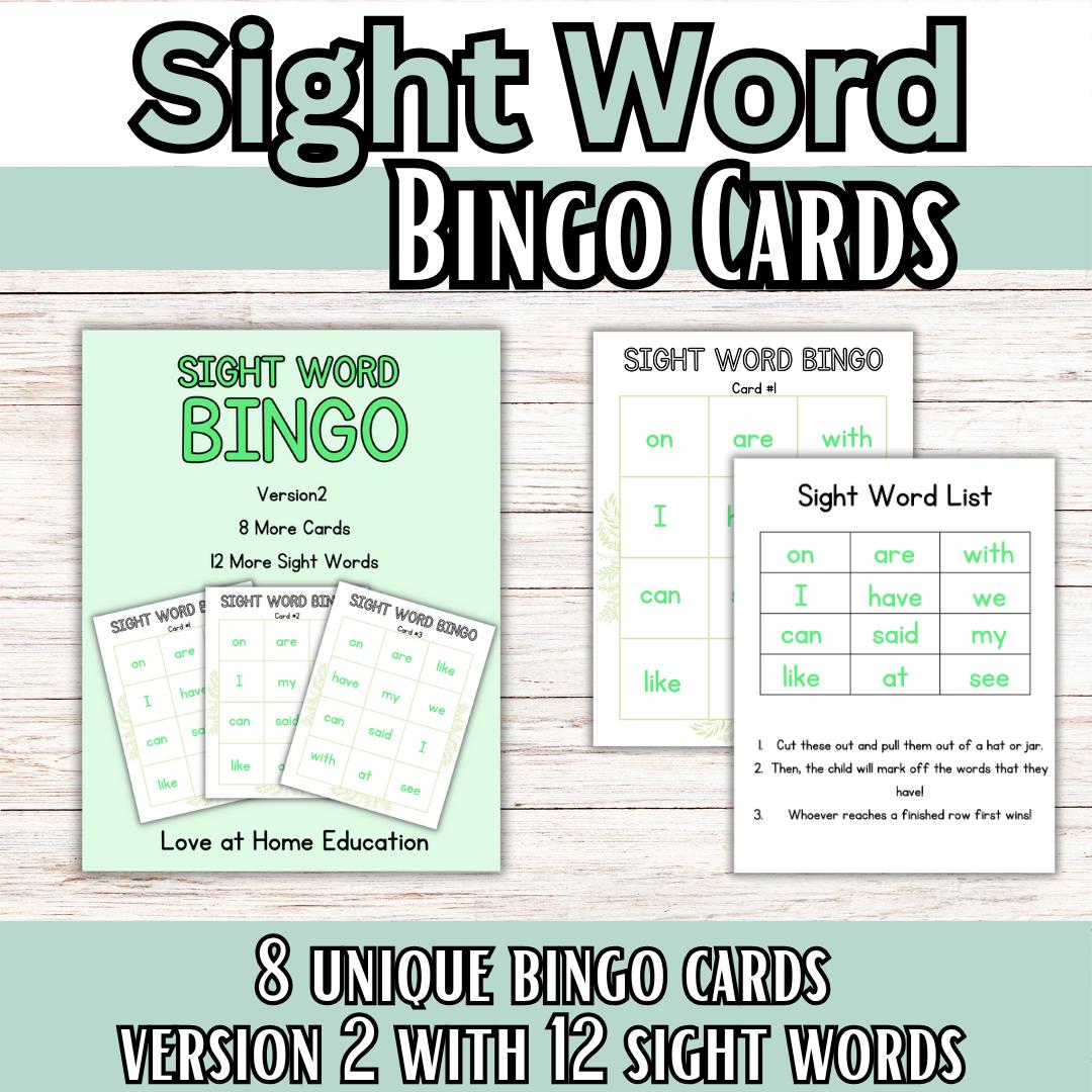 Sight Word Bingo 1 – 8 Bingo Cards for Prek and Beginning Readers ...