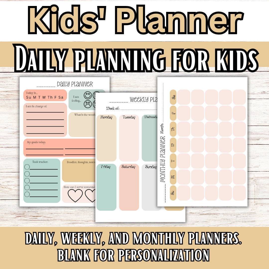 Blank Digital Pastel Kids Daily Planner, Daily Weekly Monthly Planner ...
