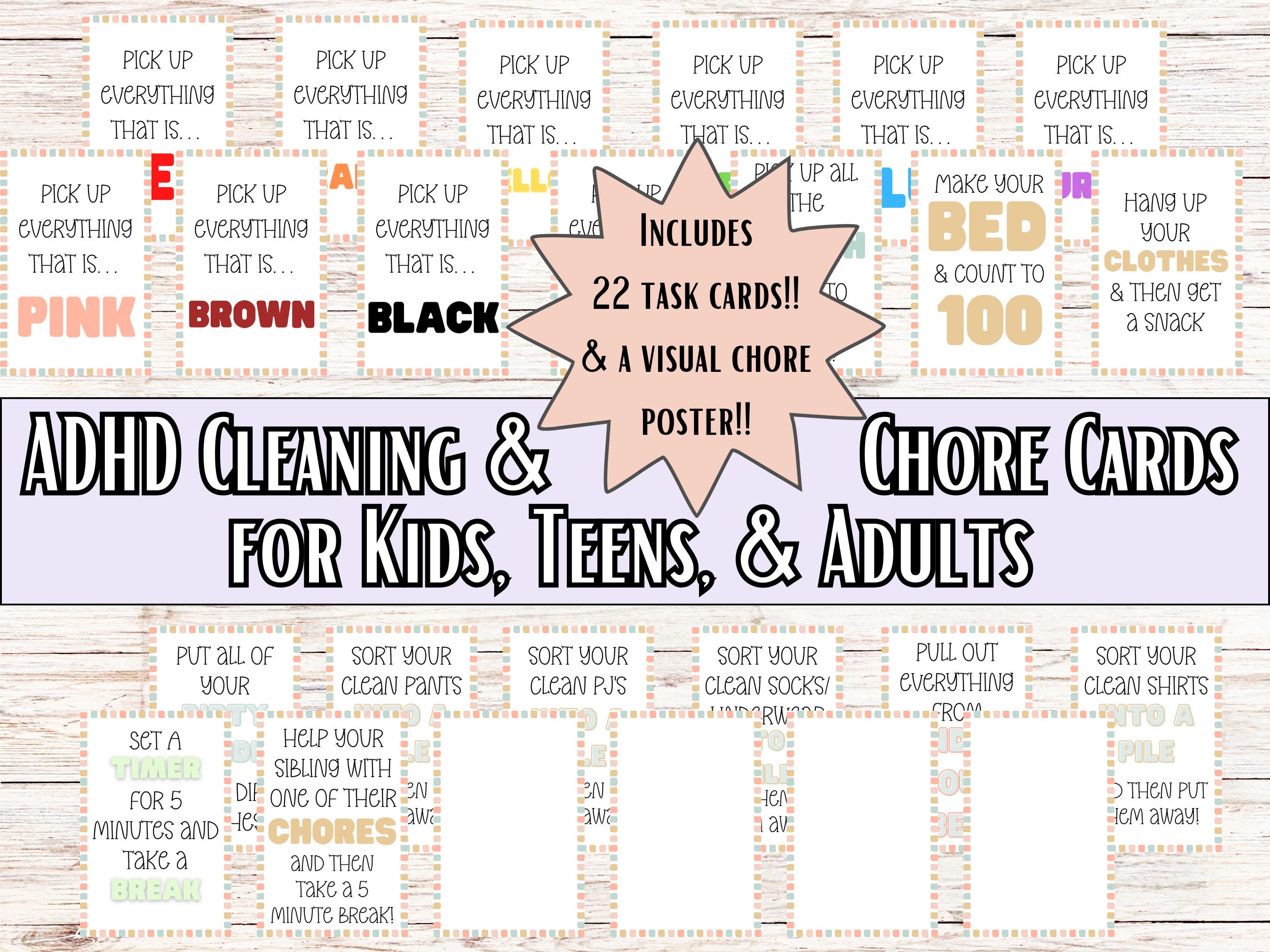 ADHD Cleaning & Chore Cards for Kids, Teens, Adults Homeschool Planning ...