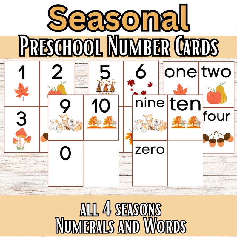 Seasonal Number Cards, Math for Preschool Kindergarten 1st Grade ...