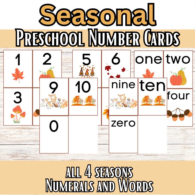 Seasonal Number Cards, Math for Preschool Kindergarten 1st Grade ...