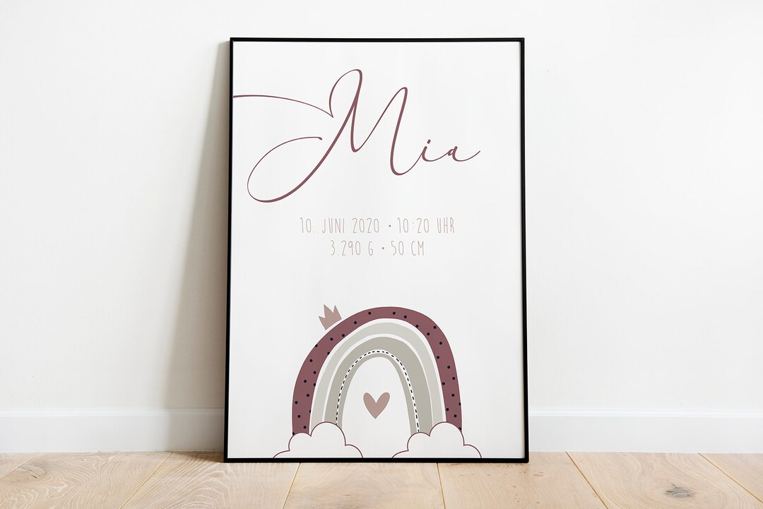 Birth Poster Rainbow Calligraphy, Girl, With Name & Dates of Birth ...
