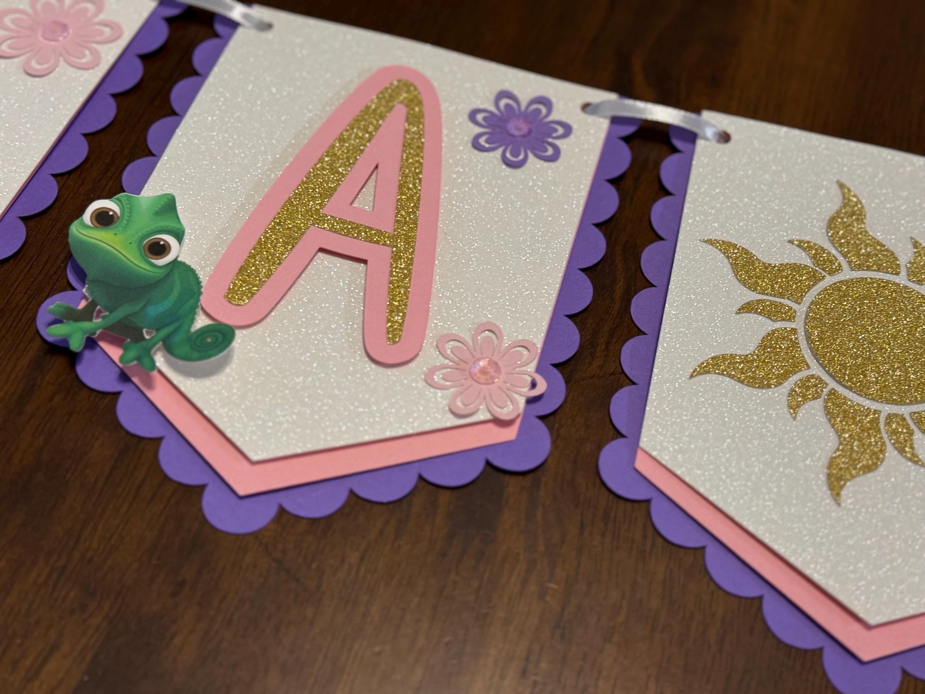 Rapunzel Birthday Party Banner With Pink and Purple Flowers, Glitter ...