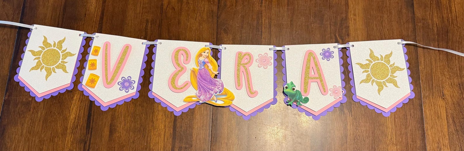 Rapunzel Birthday Party Banner With Pink and Purple Flowers, Glitter ...