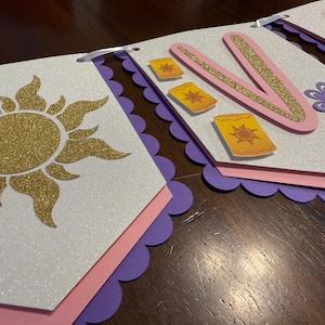 Rapunzel Birthday Party Banner With Pink and Purple Flowers, Glitter ...